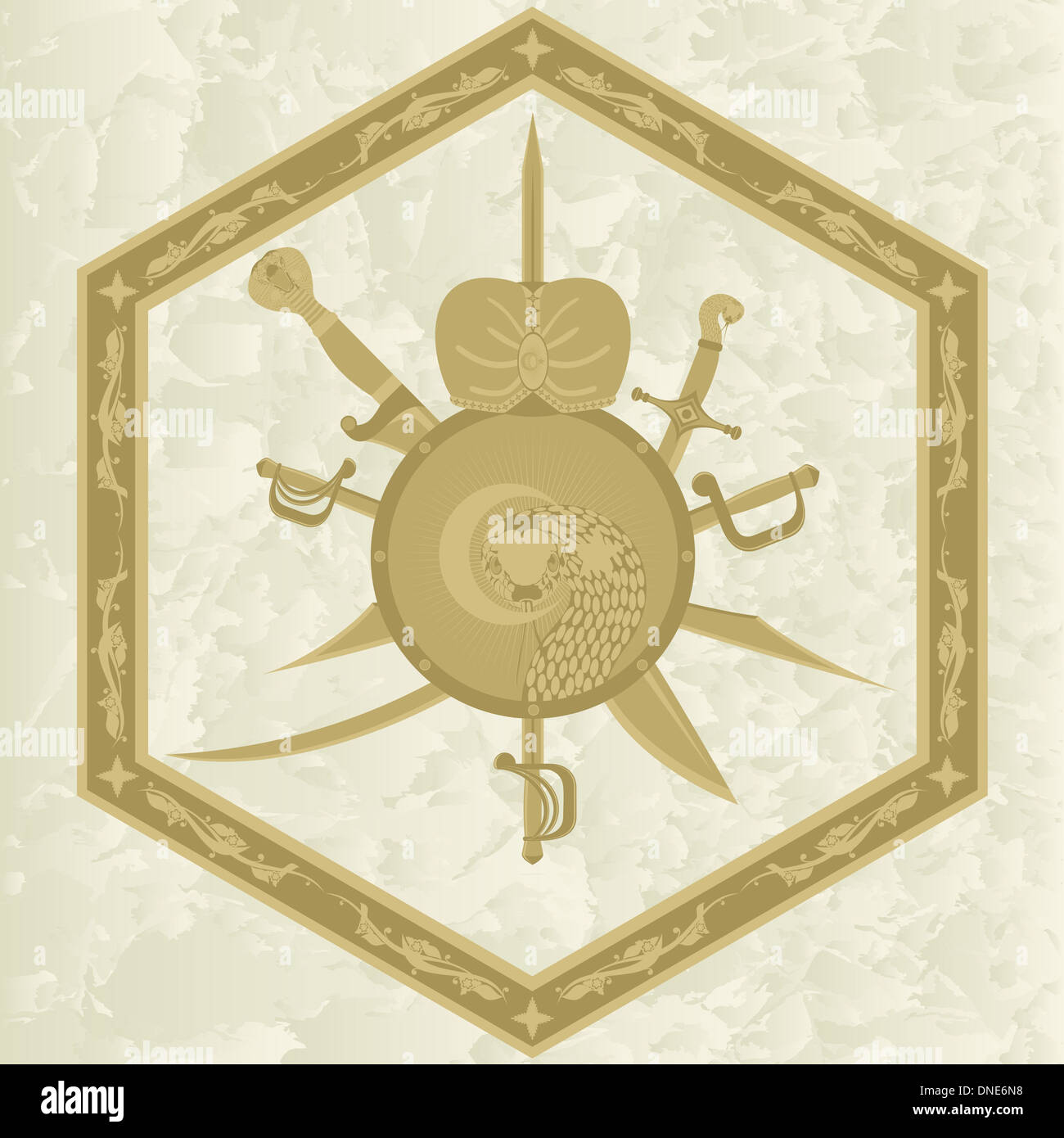 Muslim head covering, shield and weapons in an abstract frame ...