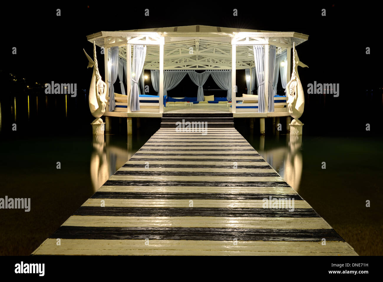 Relaxation building near beach in night illumination, Fethiye, Turkey ...