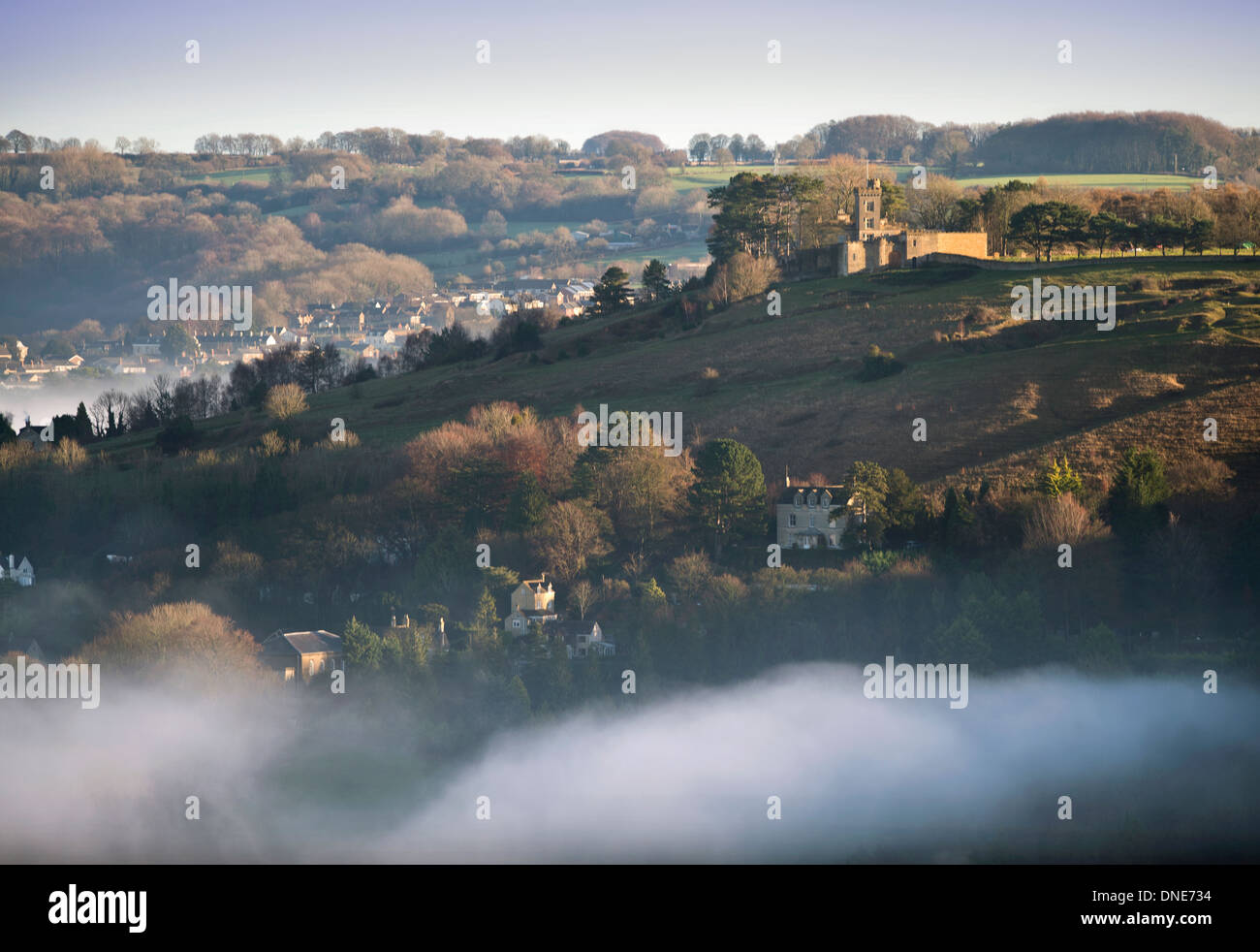 Misty morning in the Stroud Valley, Gloucestershire with Rodborough ...