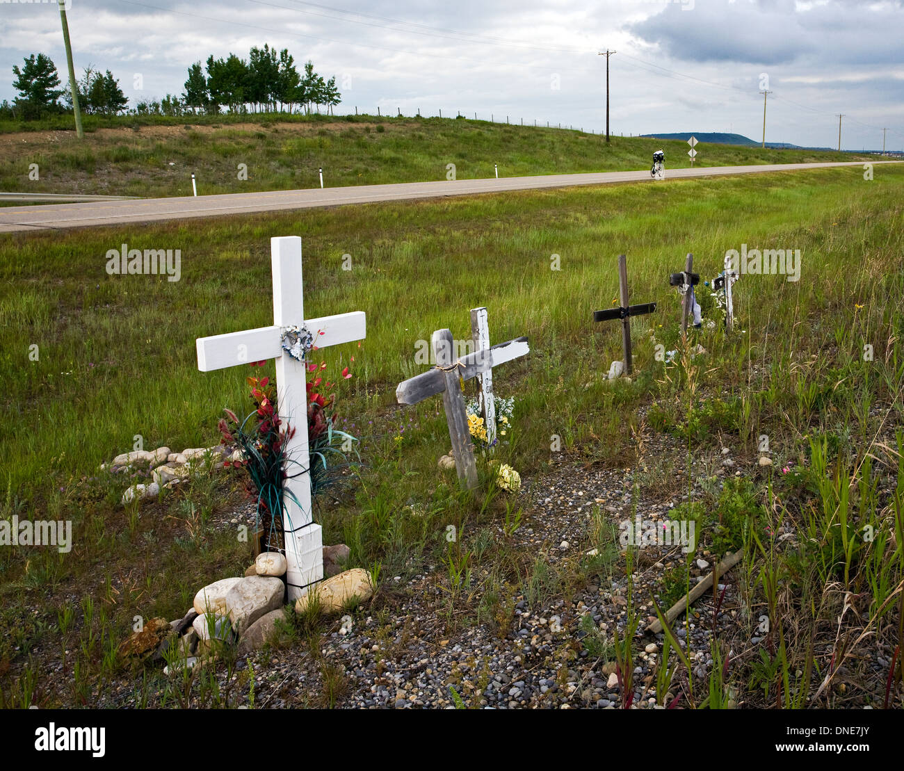 Roadside memorial crosses near Cochrane, Alberta, Canada Stock Photo ...