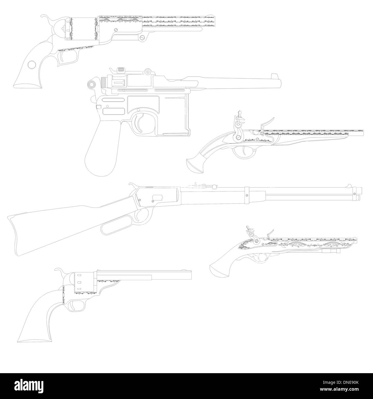 Contour image of various firearms. The illustration on a white ...
