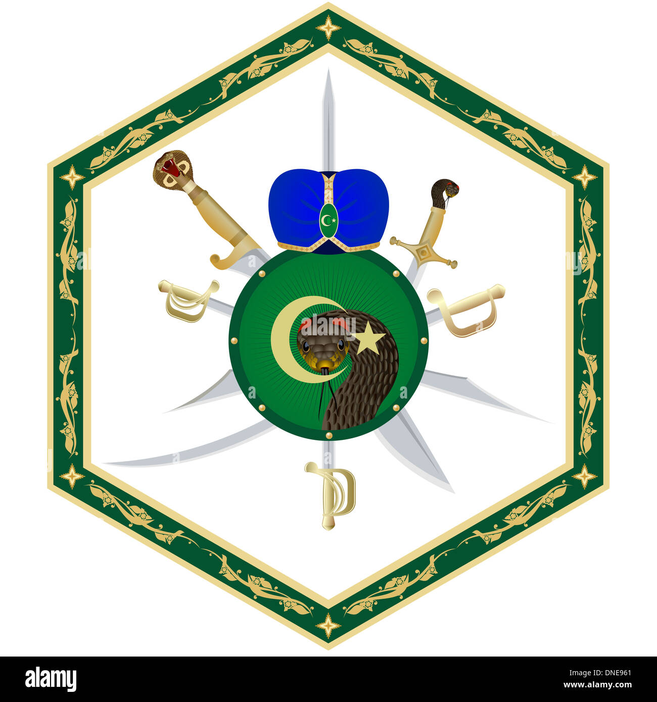 Muslim head covering, shield and weapons in an abstract frame. The ...