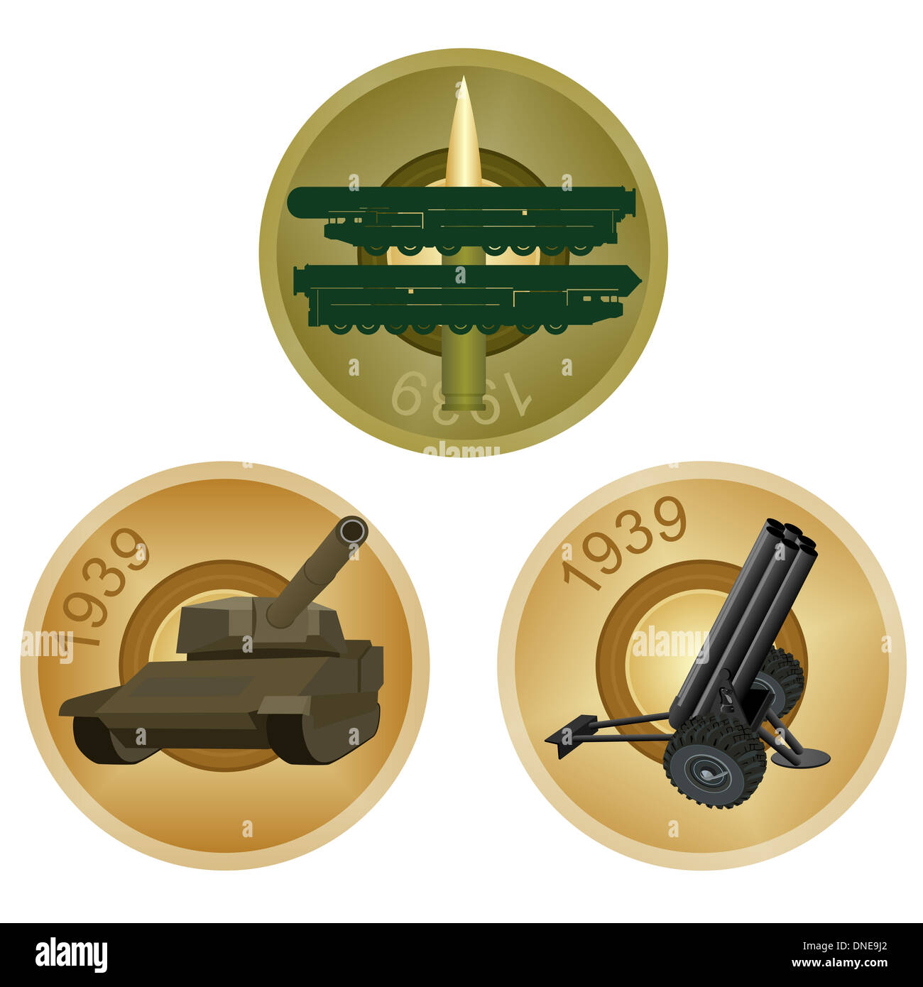 Set of badges with military equipment on a background of the back side ...