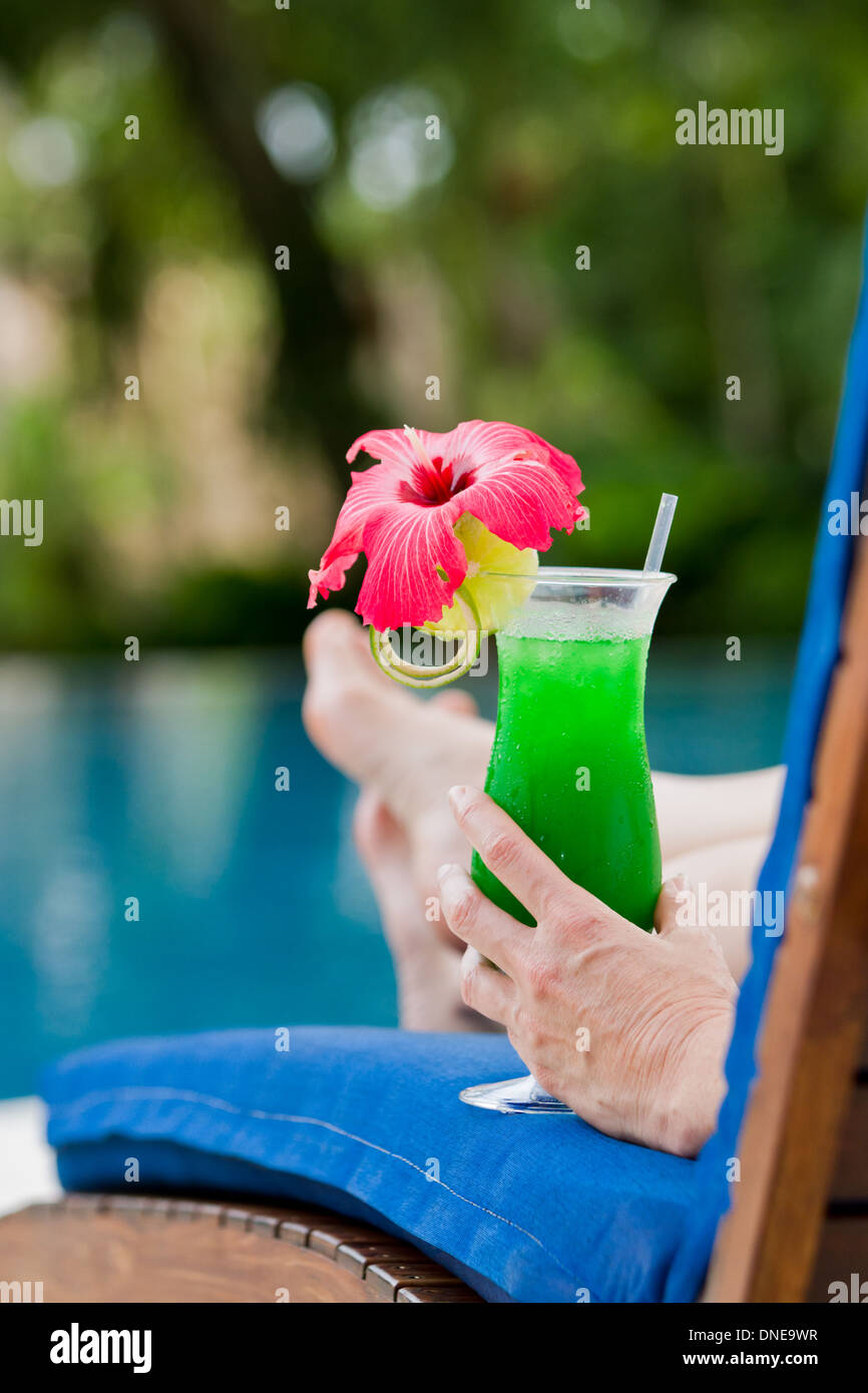 fresh tropical juice cocktail served pool side in Belize Stock Photo ...