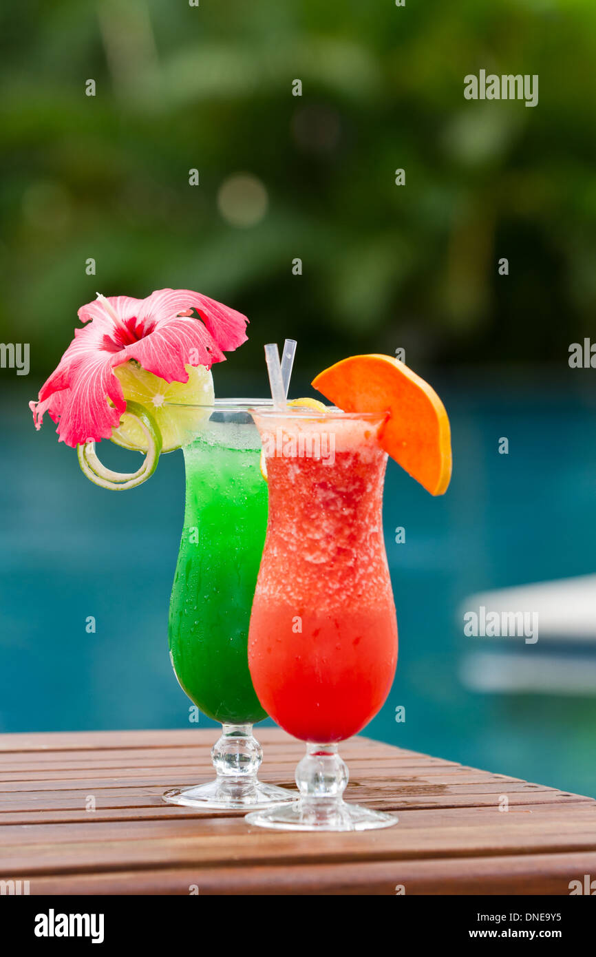 fresh tropical juice cocktail served pool side in Belize Stock Photo ...