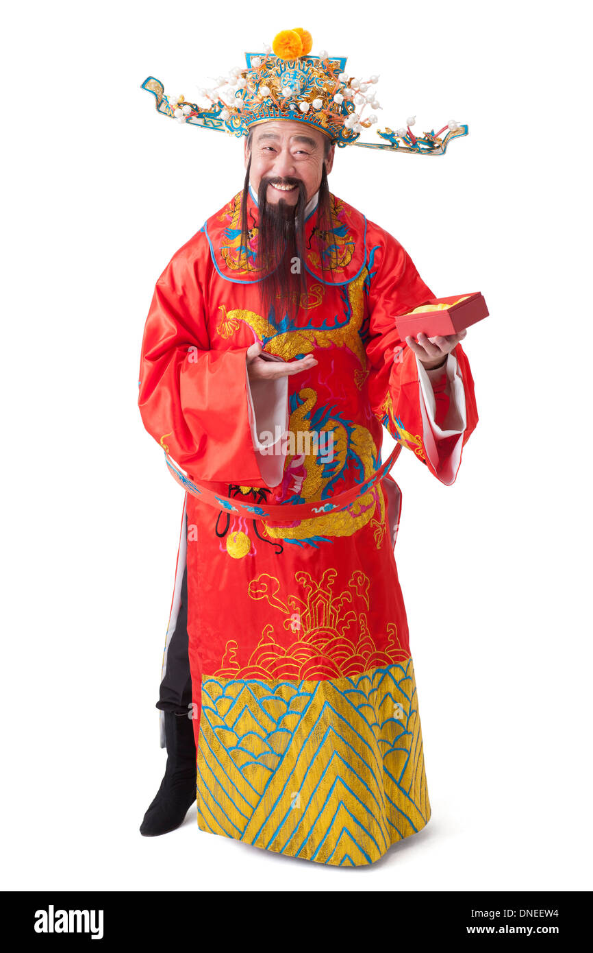 Chinese God of Wealth with gift box Stock Photo - Alamy