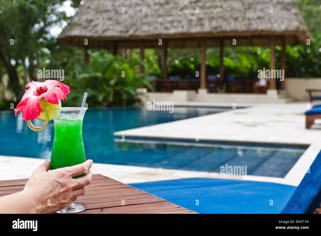 fresh tropical juice cocktail served pool side in Belize Stock Photo ...
