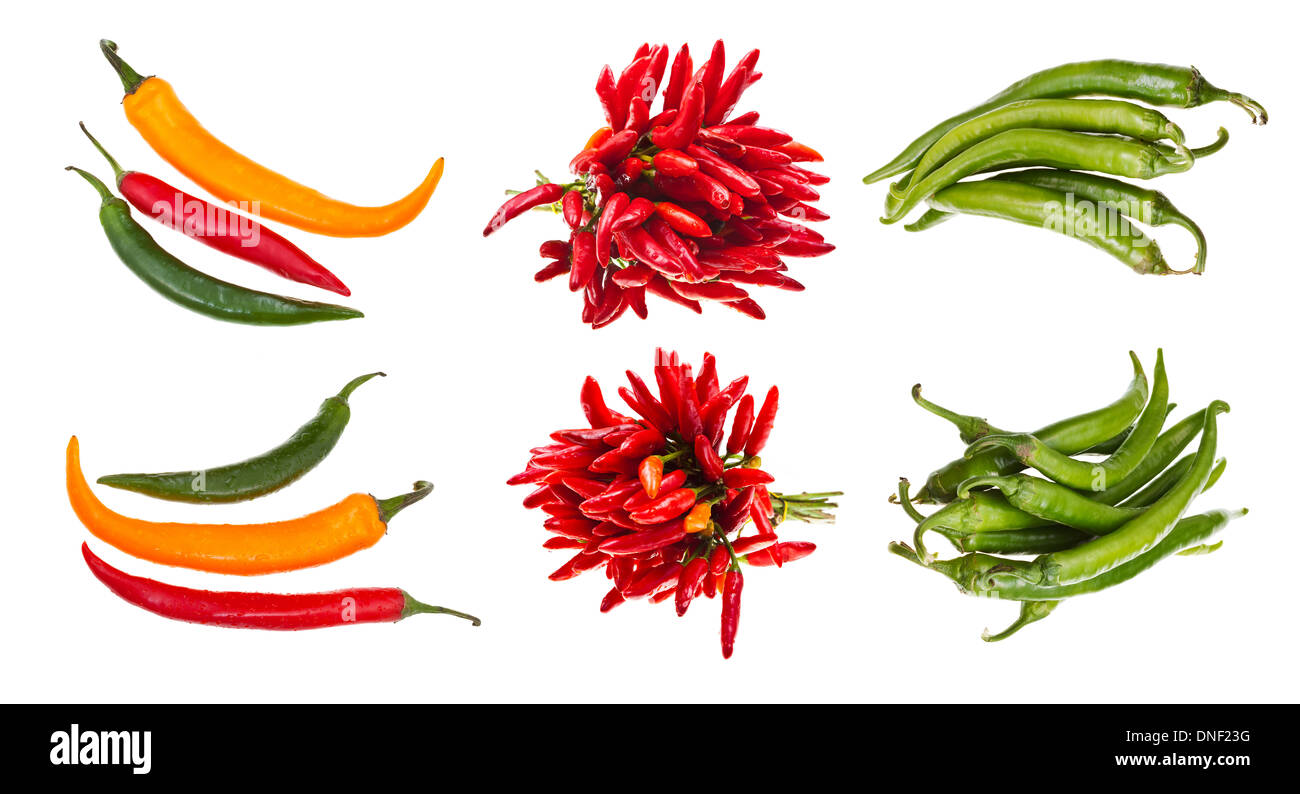 set of hot spicy pepper pods isolated on white background Stock Photo ...