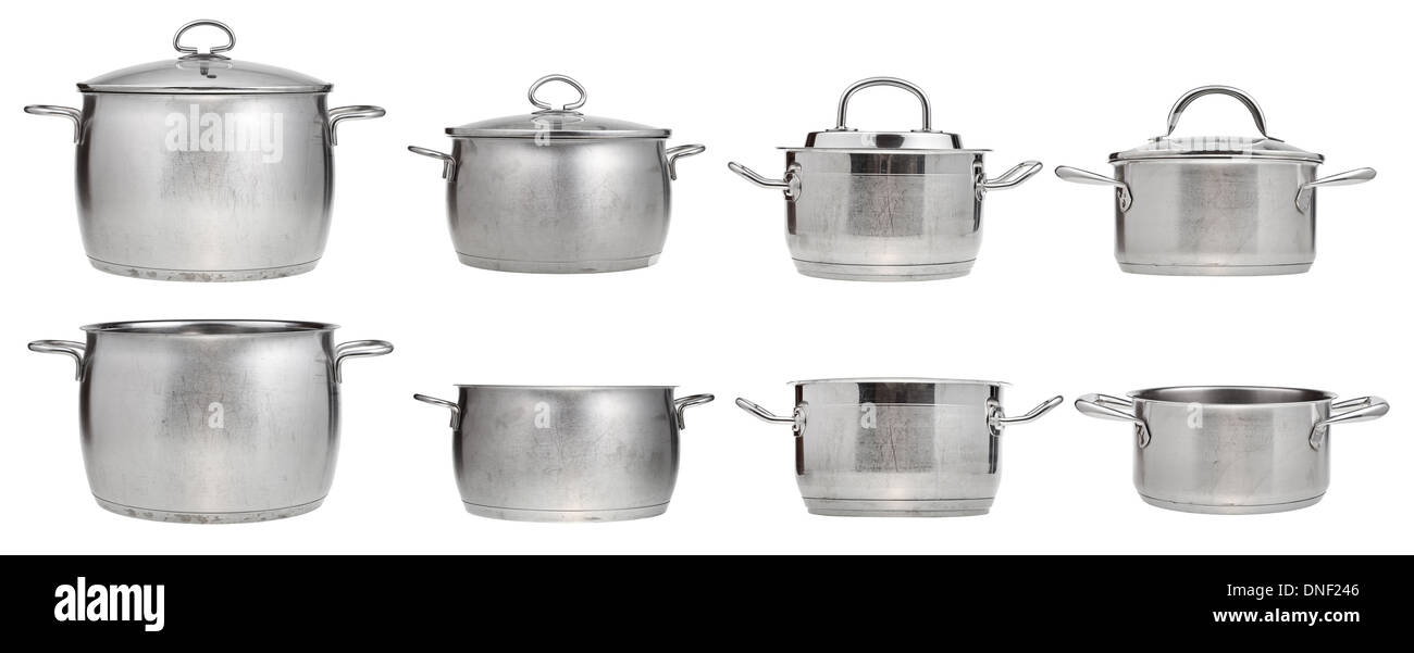 set of side view of stainless steel saucepans isolated on white ...