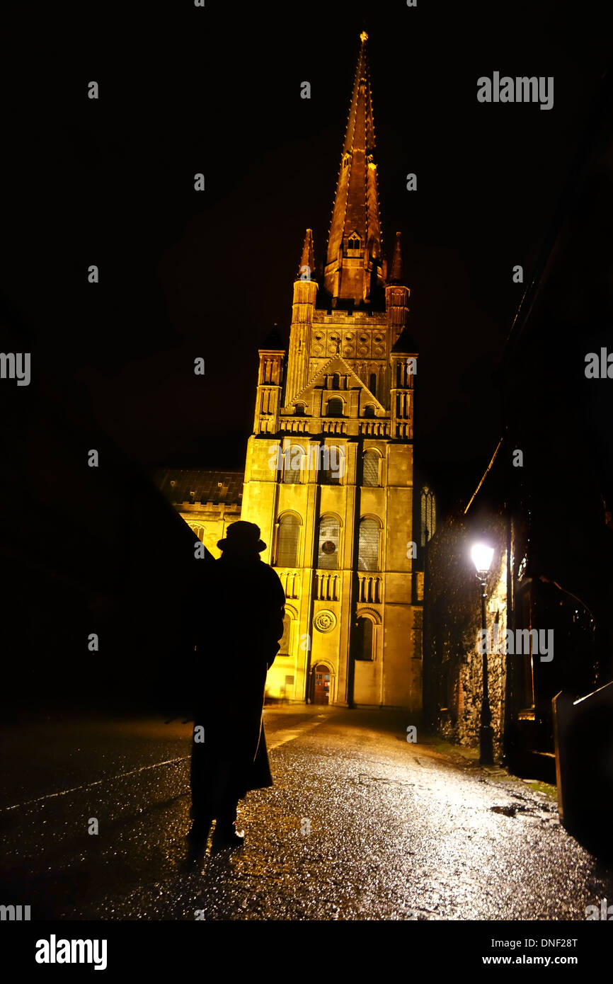 Norwich Cathedral at night anonymous female woman church goer Norfolk ...