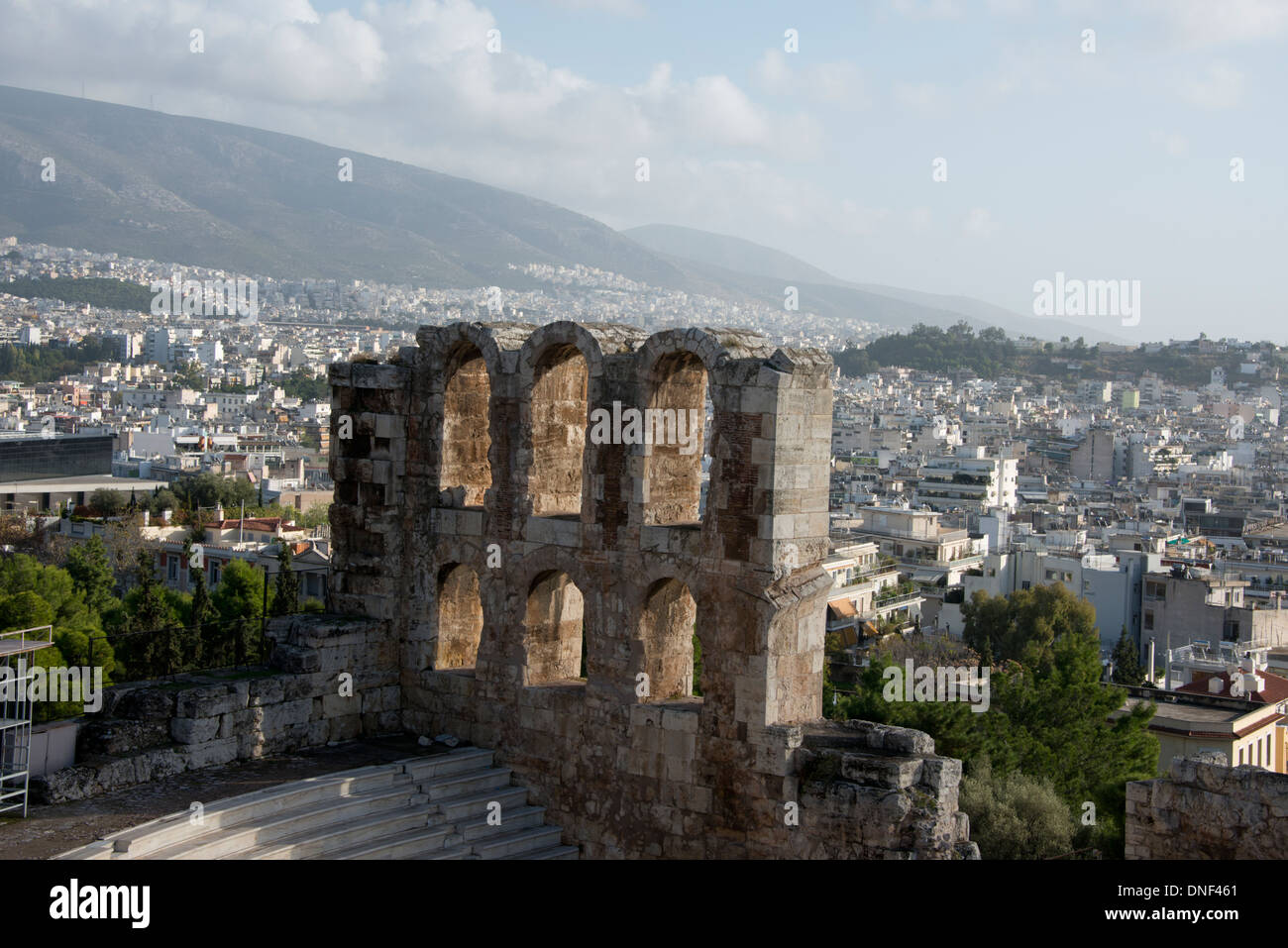 Greece, Athens, Acropolis. Ancient ruins overlooking the city of Athens ...