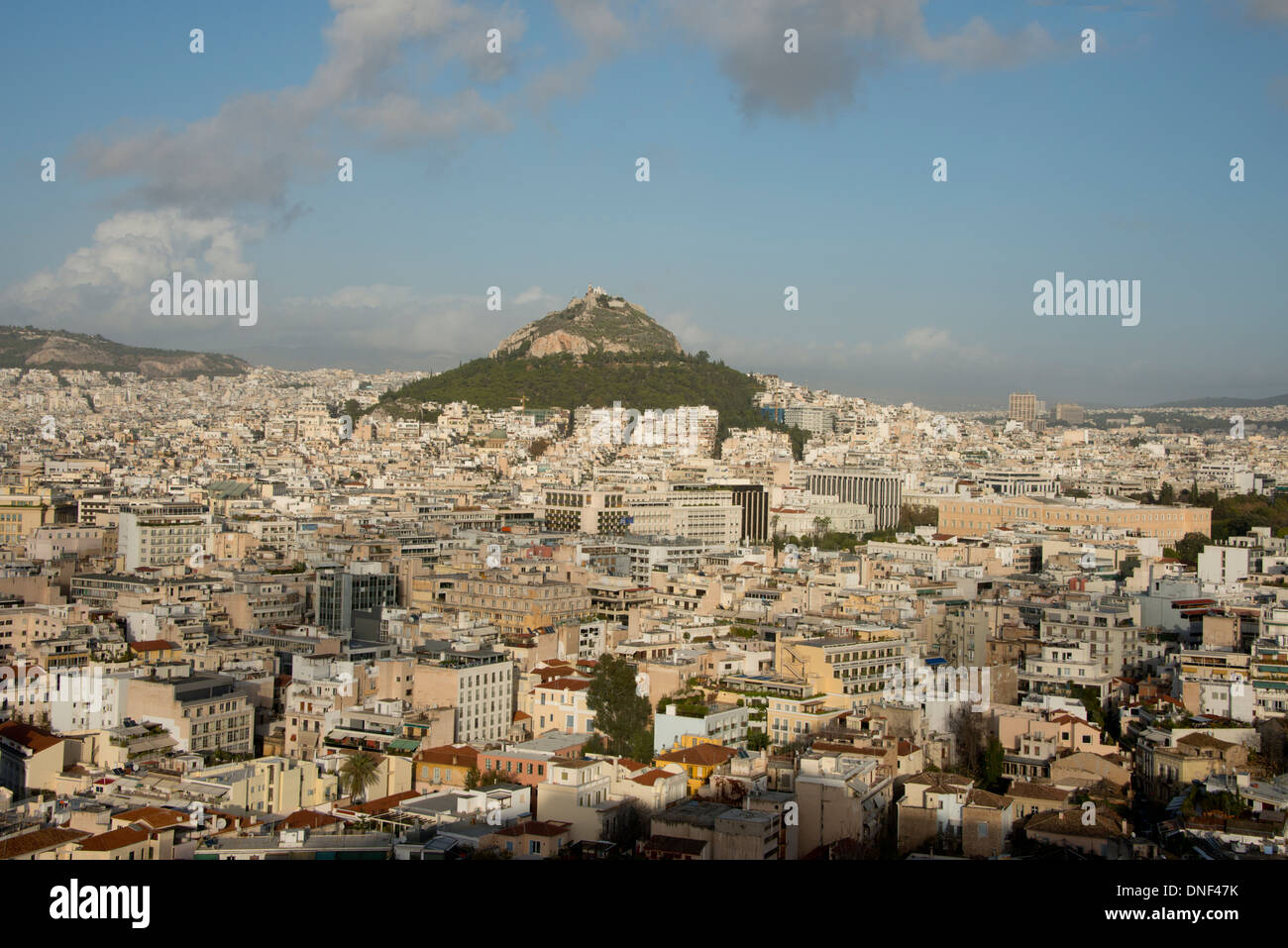 Greece, Athens, Acropolis. Overview of Athens with Mount Lycabettus ...