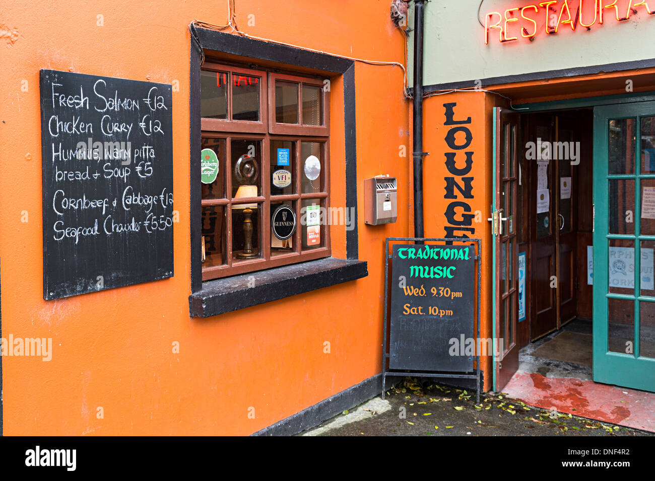 Signs for live music and menu outside bar and restaurant, Corofin, Co ...