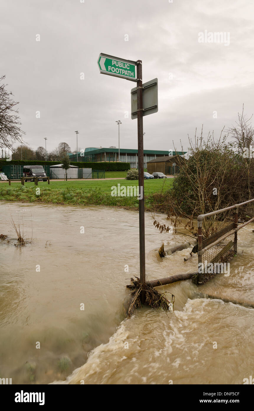 Flooded playing fields footpath in flood plane at Tonbridge School as ...