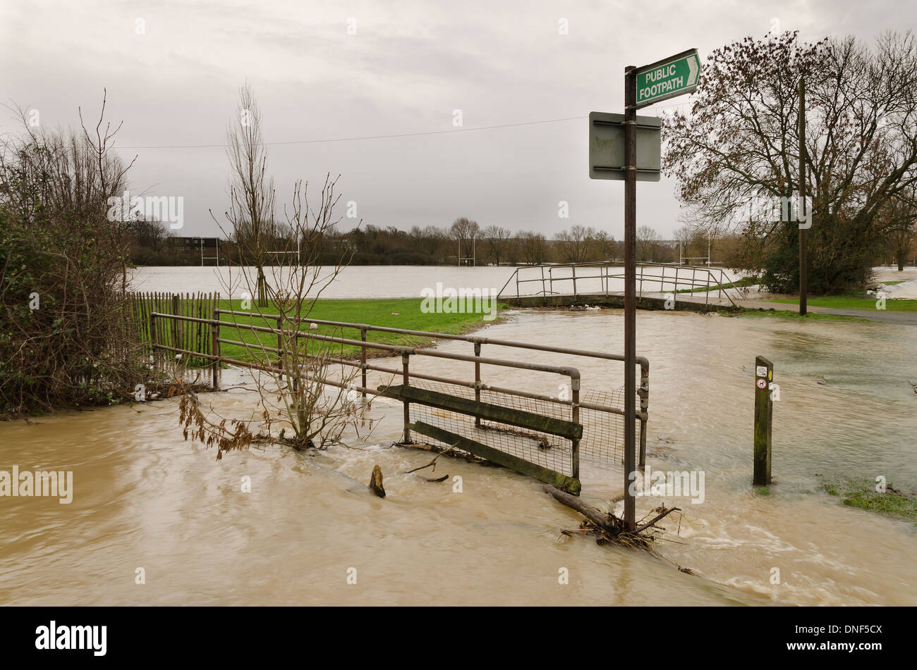 Flooded playing fields footpath in flood plane at Tonbridge School as ...