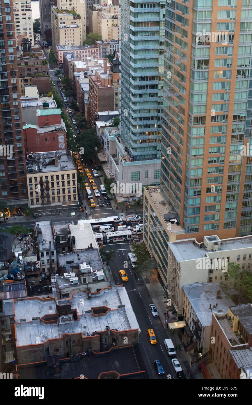 Aerial view down into a street in Midtown Manhattan, New York, NY, USA ...
