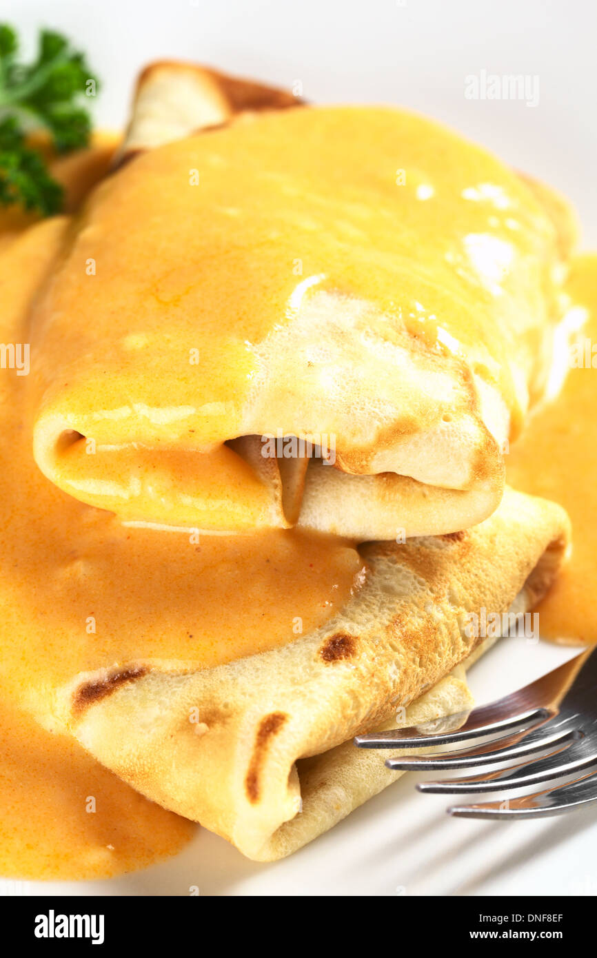 Hungarian-style crepe called Crepe a la Hortobagy filled with meat and ...