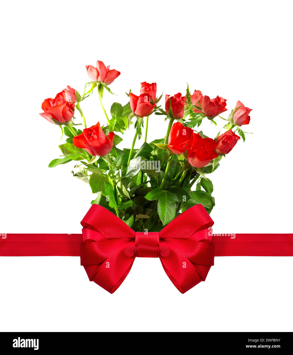 Bunch of roses with a red bow. Isolate on white background Stock Photo ...