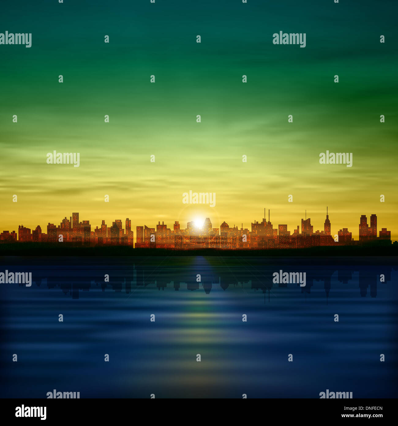 abstract background with silhouette of New York and green sunset Stock ...