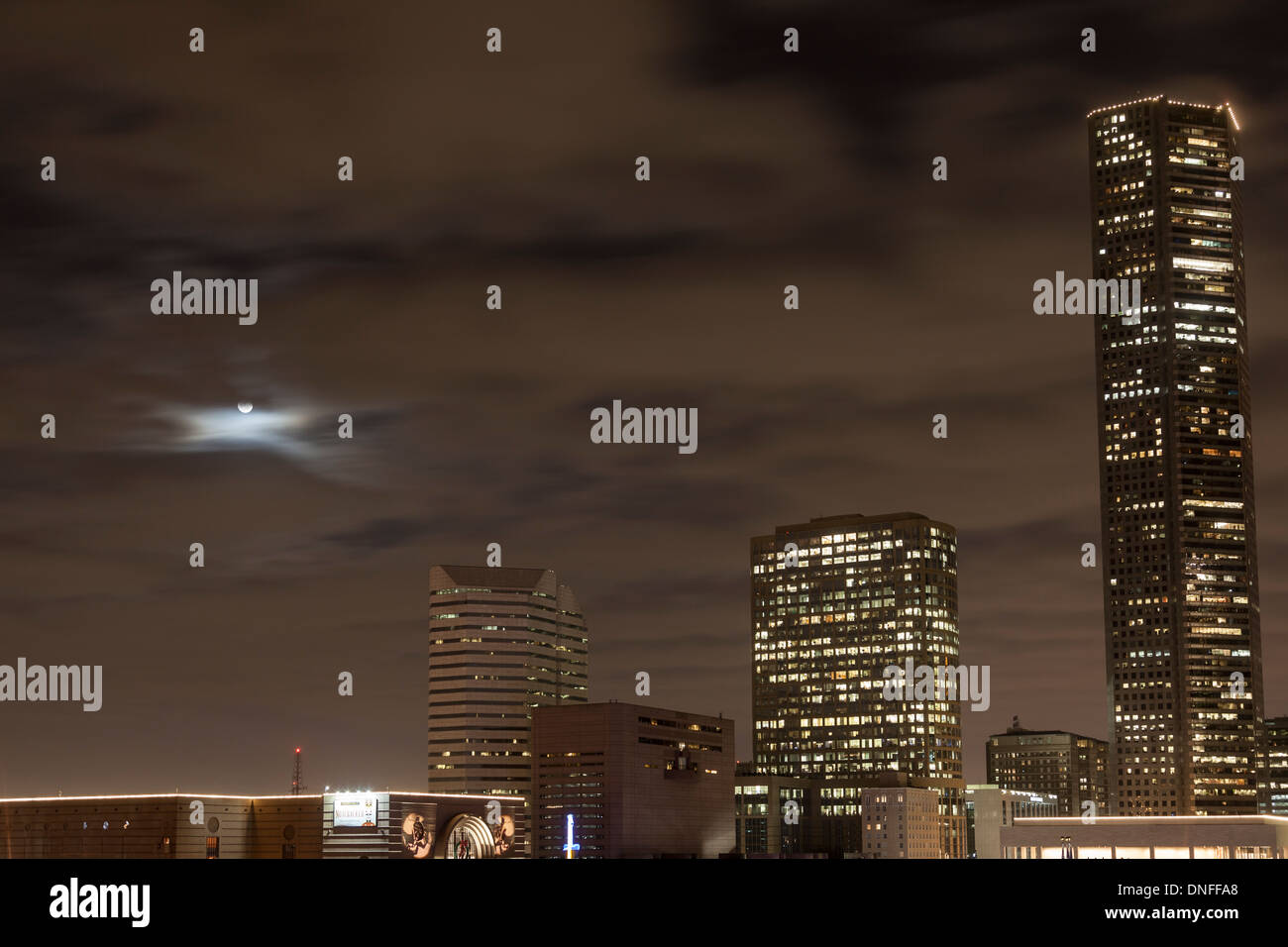 Moon and clouds over downtown Houston, Texas, at night Stock Photo - Alamy