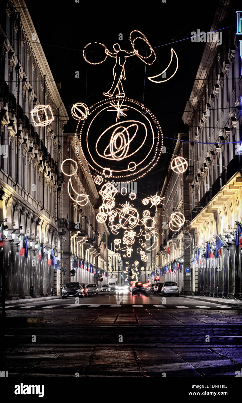 Via Roma in Turin city center (Italy) at night lit up by Christmas ...
