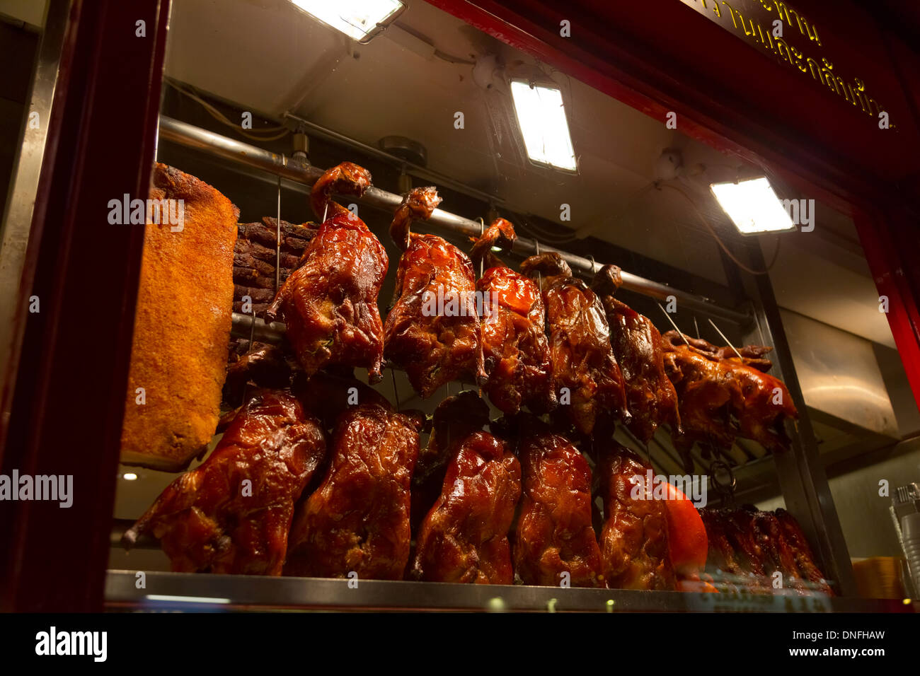 Roast ducks and other meats at a Chinese restaurant window in London ...