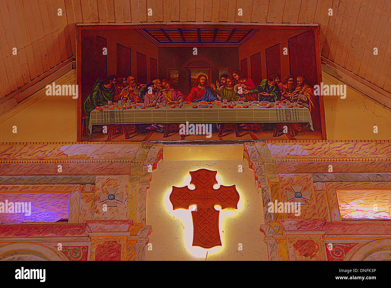 Painting of Jesus Christ dining with apostles hanging in a church ...