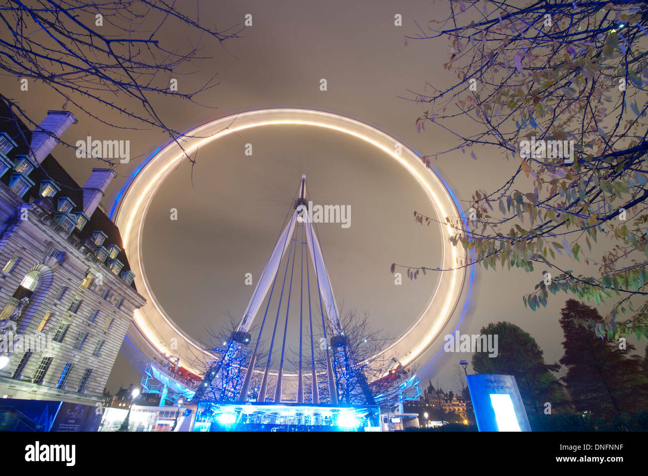 EDF London Eye at night as seen from the south bank of the Thames Stock ...