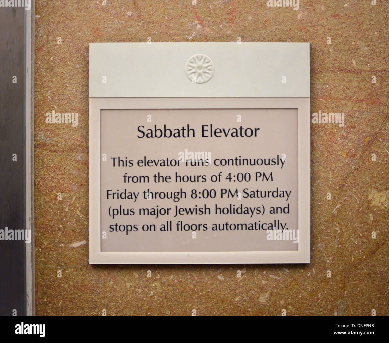 A sign for a Sabbath elevator in the lobby of New York Presbyterian ...