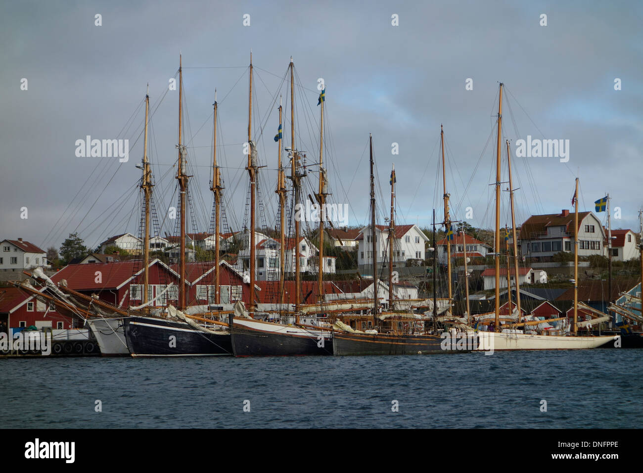 Old schooners on the mooring in harbour of Björkö village, Nothern Archipelago, Gothenburg ...