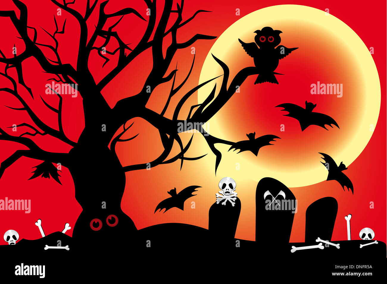 Illustration for Halloween-night with owl, bats under the blood-moon ...