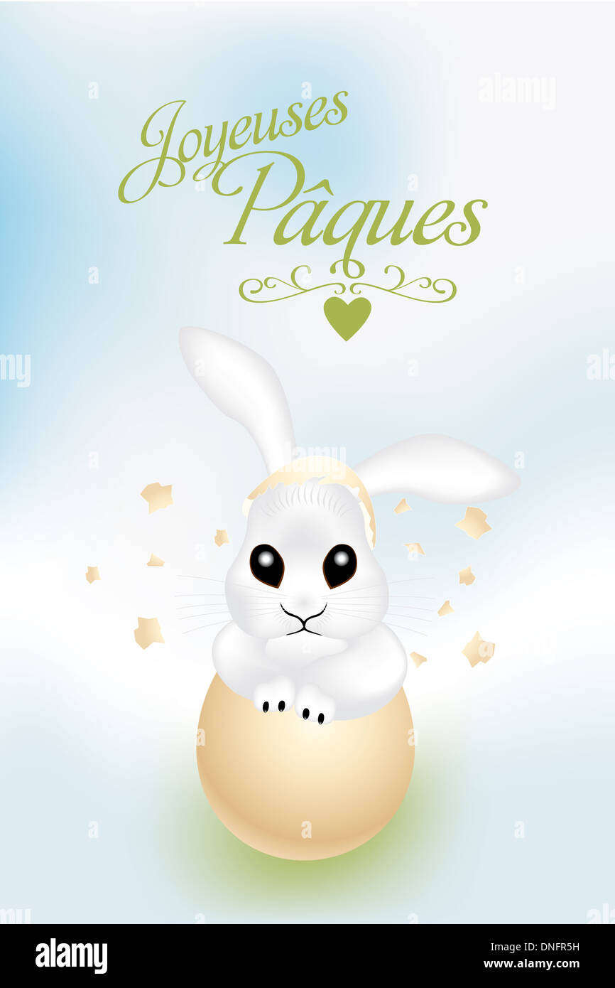 French Easter card with cute bunny in broken egg shell and French ...