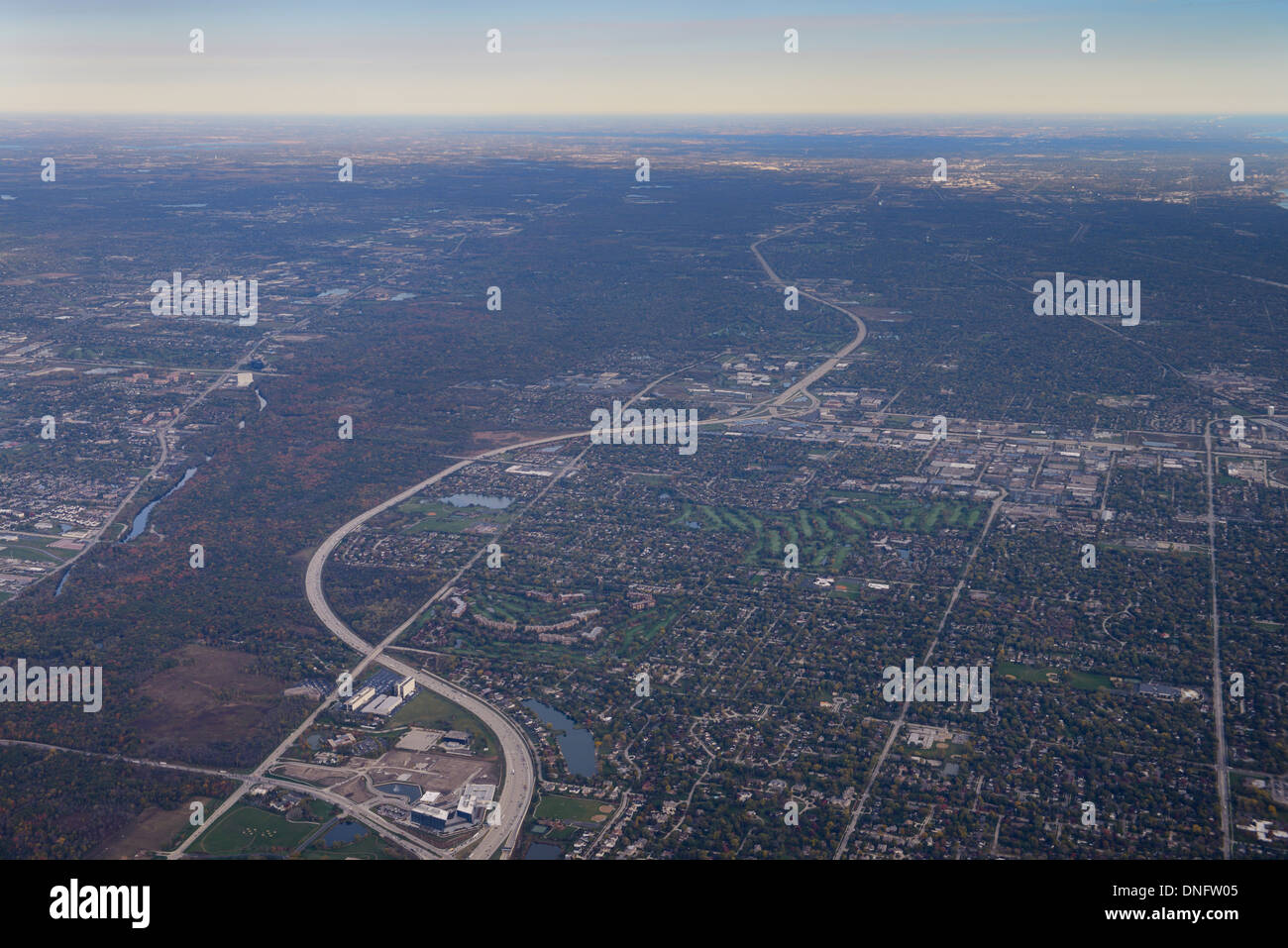 Aerial view North Chicago USA Tri State Tollway with Desplaines River ...