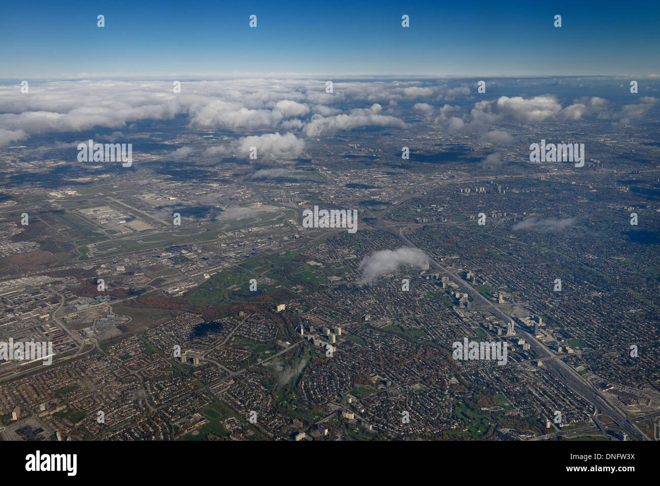 Aerial view of Toronto at highway 401 and 427 with Centennial Park and ...
