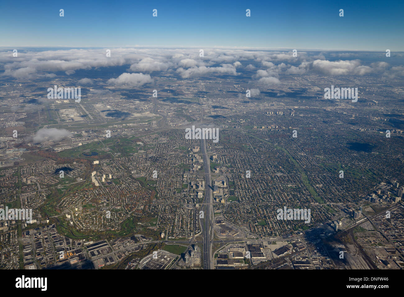 Aerial of Toronto north on highway 427 and 401 and Centennial Park and ...