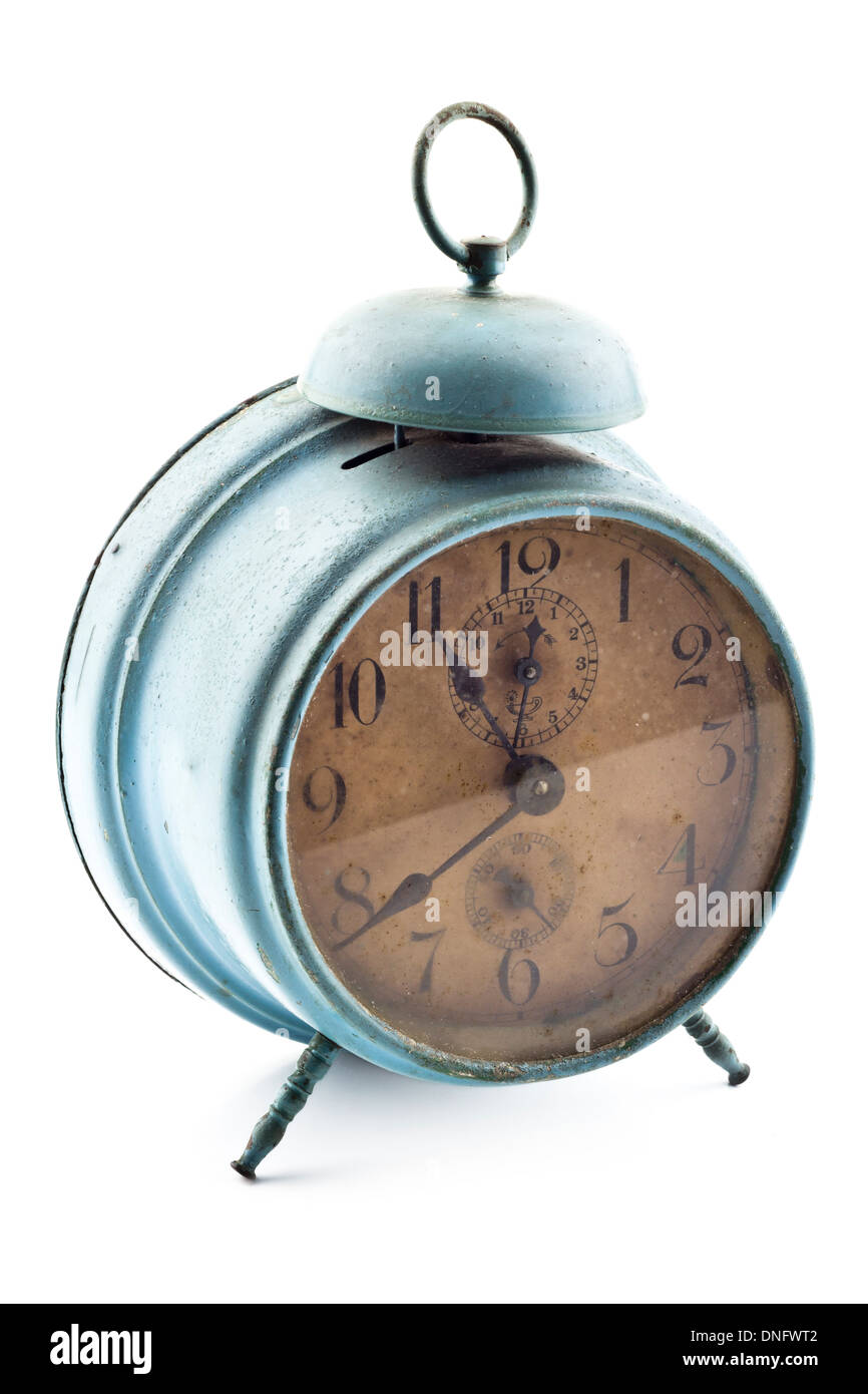 Vintage blue clock isolated on white background Stock Photo - Alamy