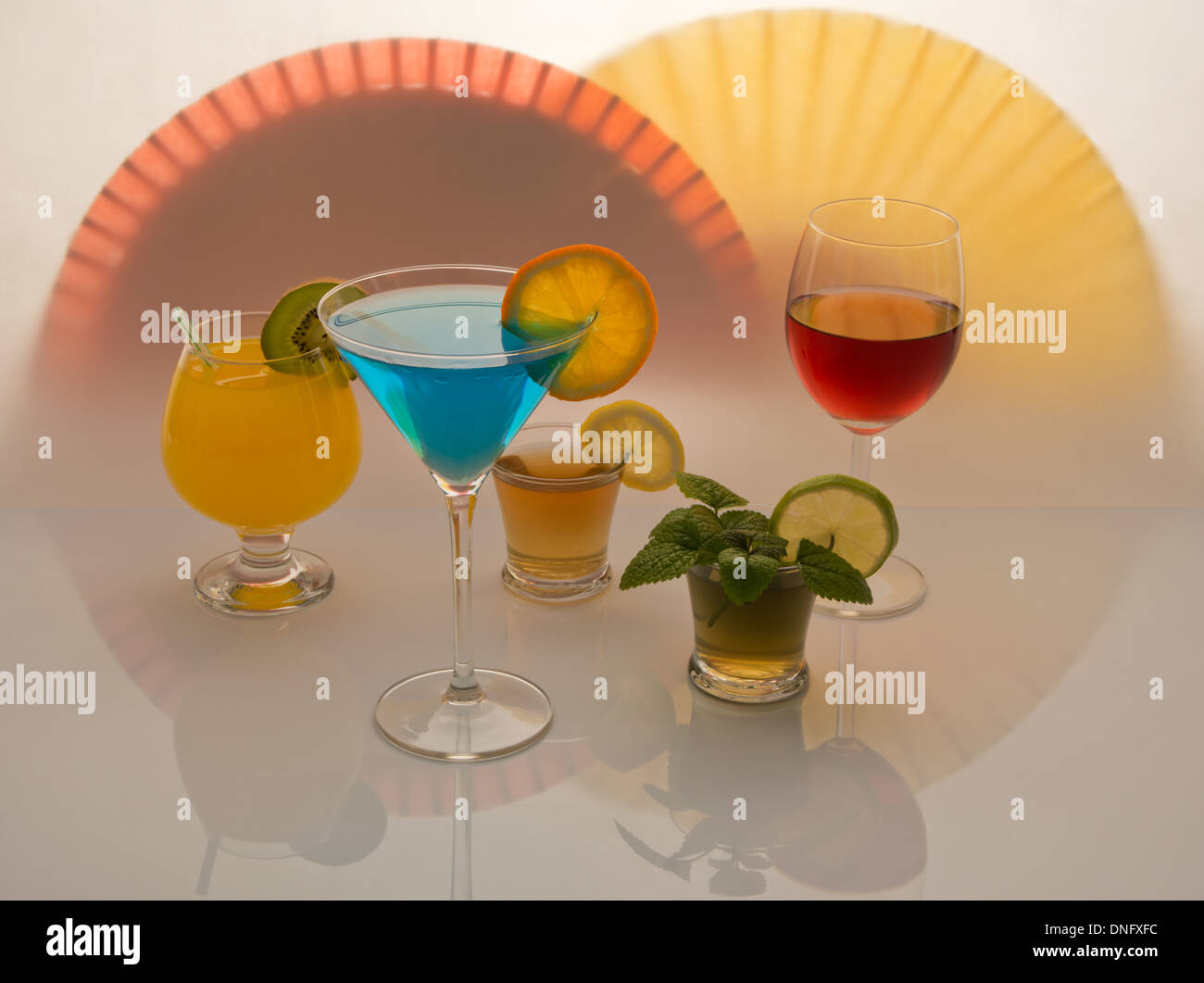 Several types of alcoholic drinks with red and yellow background Stock ...