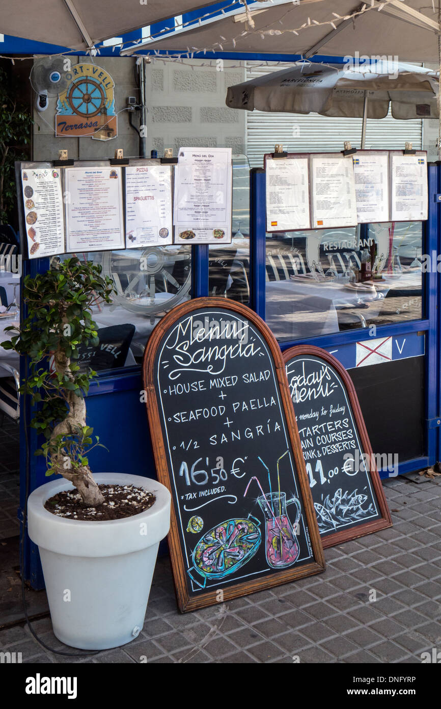BARCELONA, SPAIN - SEPTEMBER 09, 2013: Pretty menu boards in front of ...