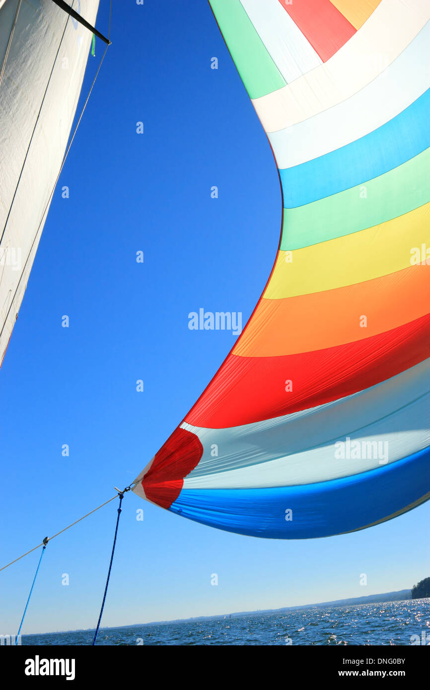 The wind has filled the spinnaker on sailing yacht. Detail of a ...
