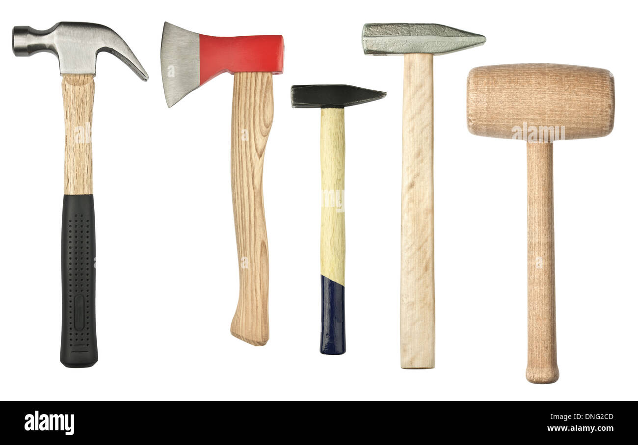 Various hammers and ax isolated on white Stock Photo - Alamy