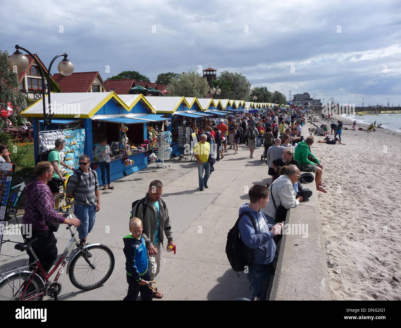 Tourist souvenir sellors at the beach of the fishing village Hel at ...