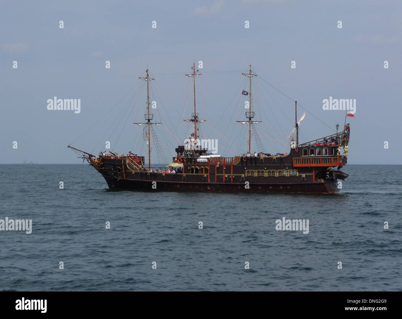 Old sailing ship Pirat departing with tourists from the wooden pier in ...