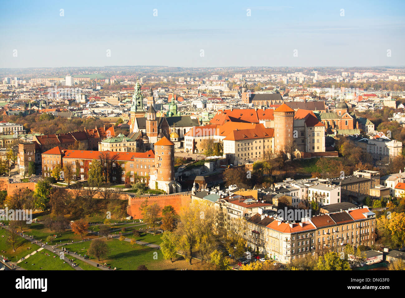 Aerial view of Royal Wawel castle with park and Vistula river in Krakow ...