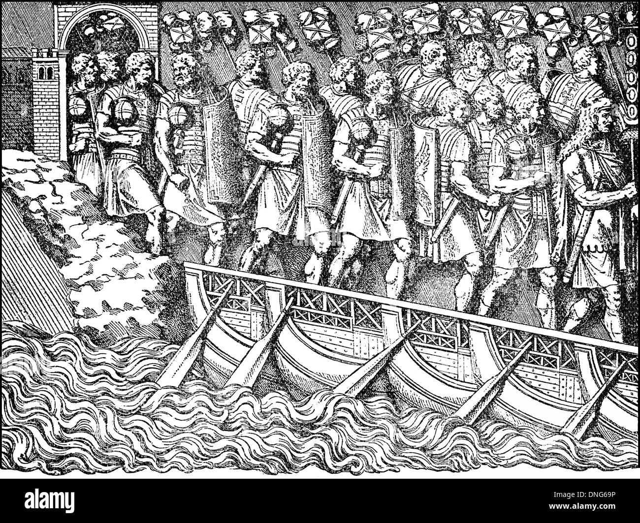 Roman soldiers marching across pontoon bridge, England, first Century ...