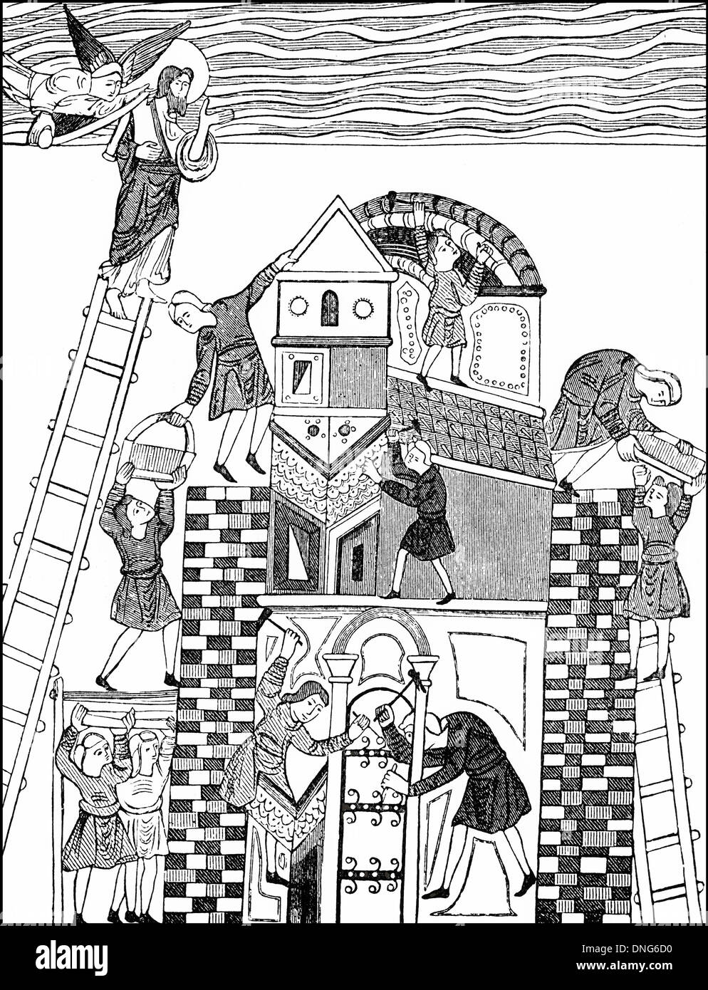 The Tower of Babel, from an illustrated Anglo Saxon manuscript of ...