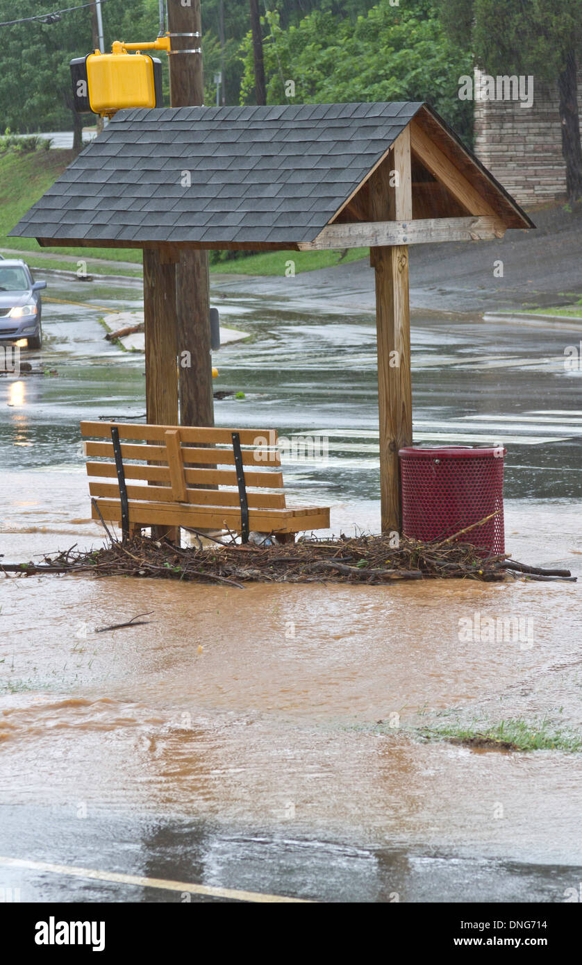 A covered bench bus stop flooded by summer rains Stock Photo - Alamy