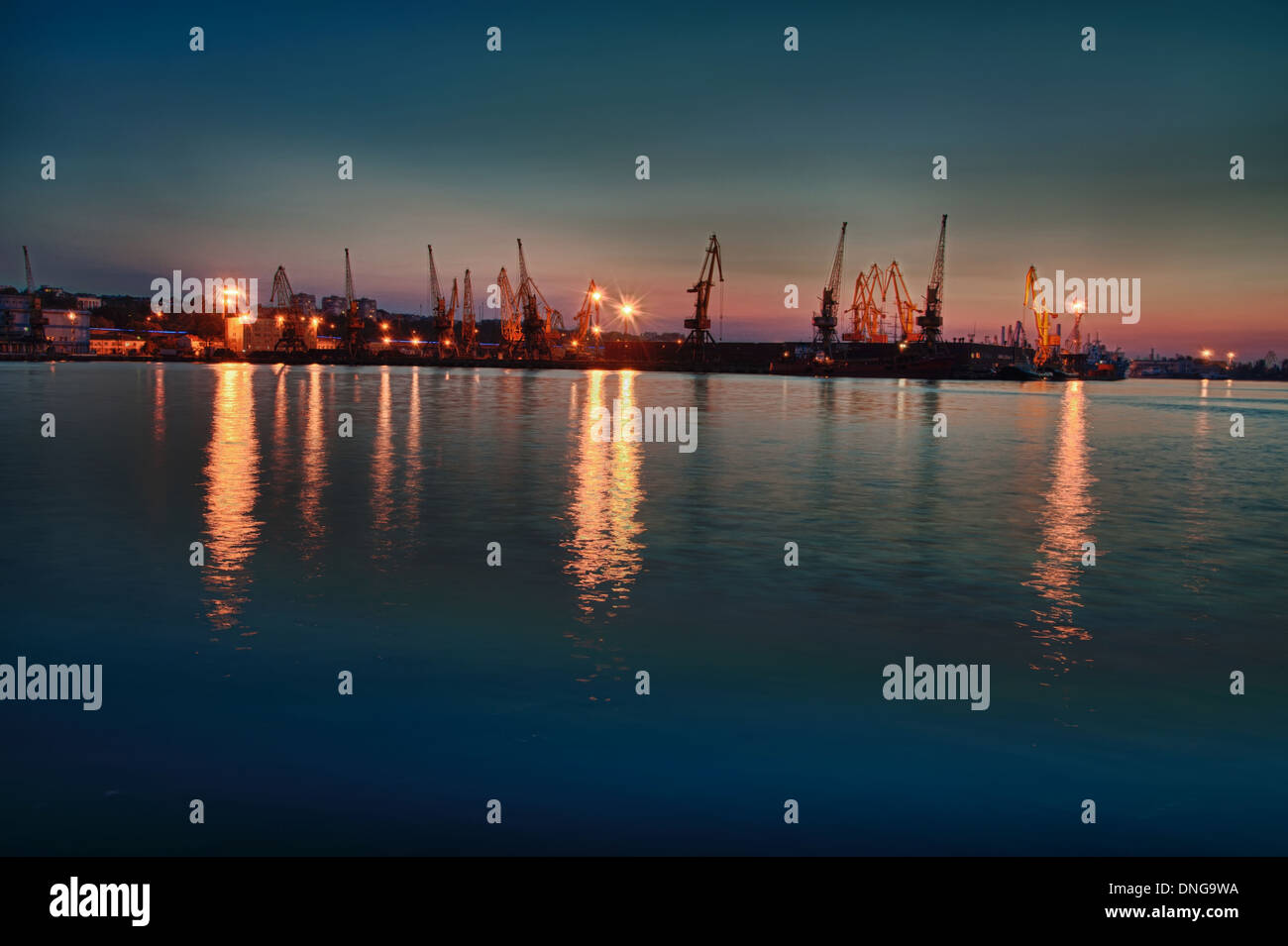 View of Coasting harbor of the Odessa seaport, Ukraine. Late evening ...