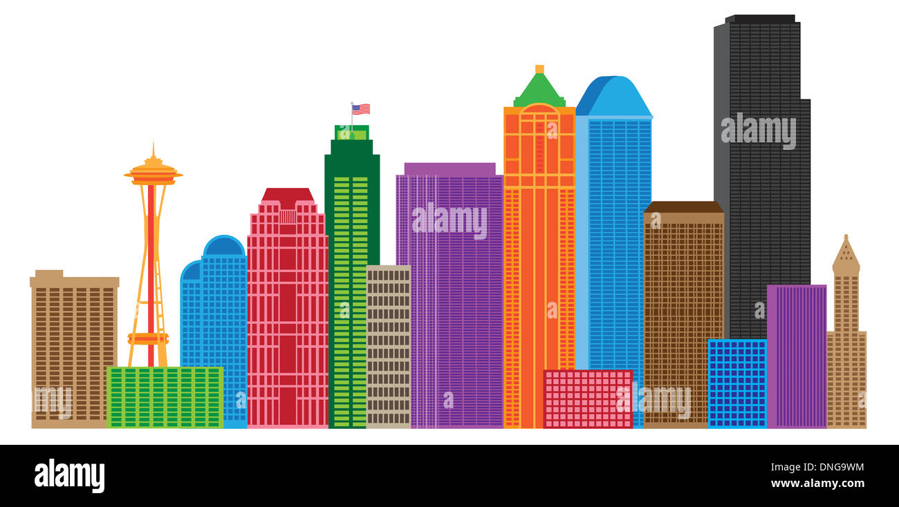 Seattle Washington Downtown City Skyline in Colors Isolated on White ...