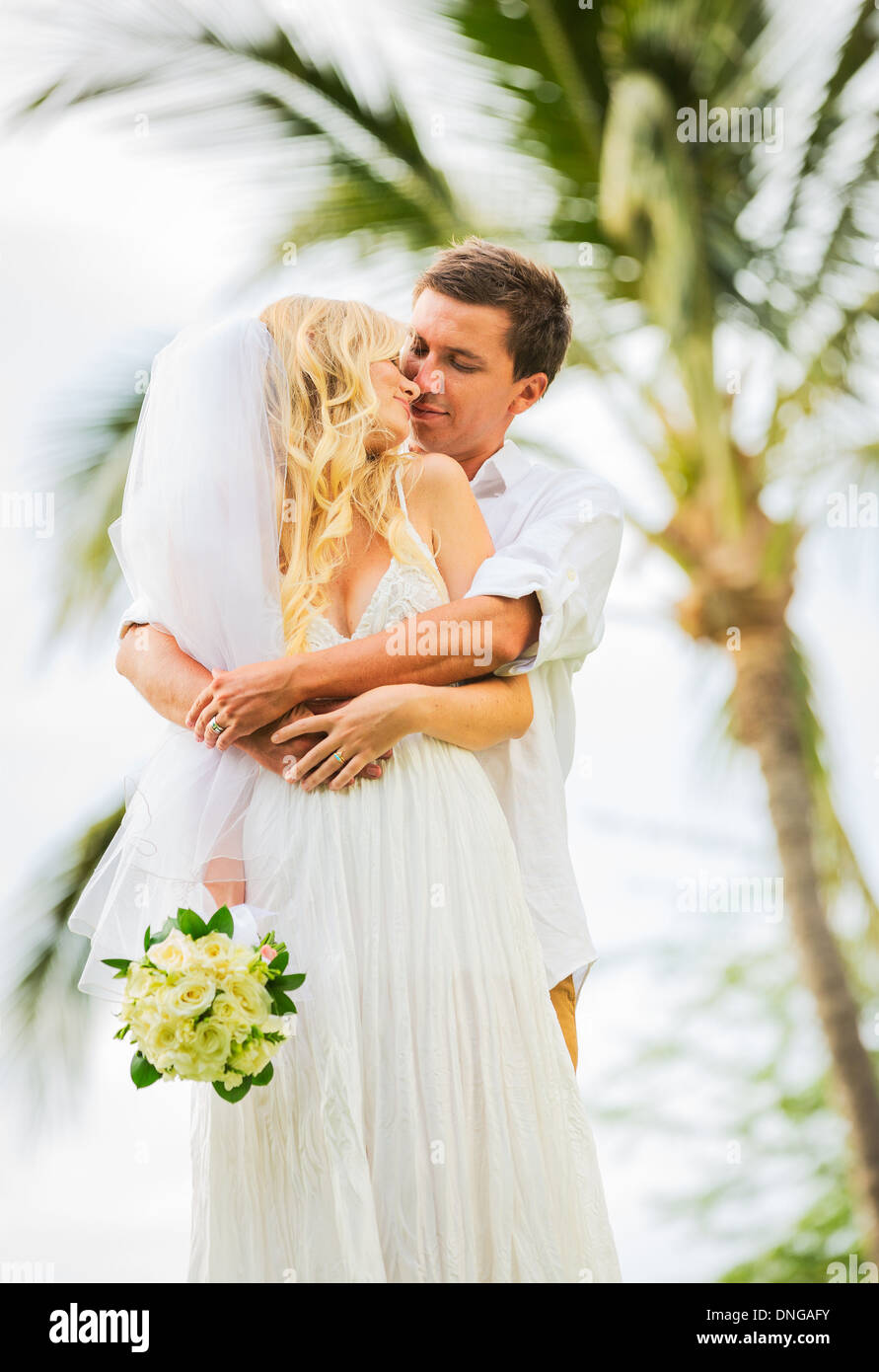 Just married couple kissing and embracing, Intimate loving moment at ...