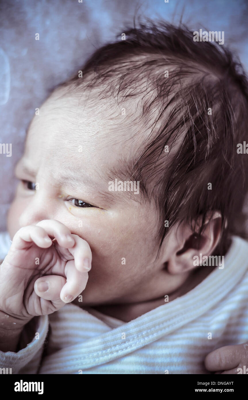 new born baby curled up sleeping on a blanket, multiple expressions ...